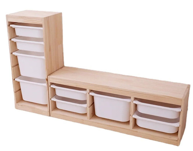 Buy Nursery L-Shaped Wooden Storage Cabinet With Plastic Boxes at ...