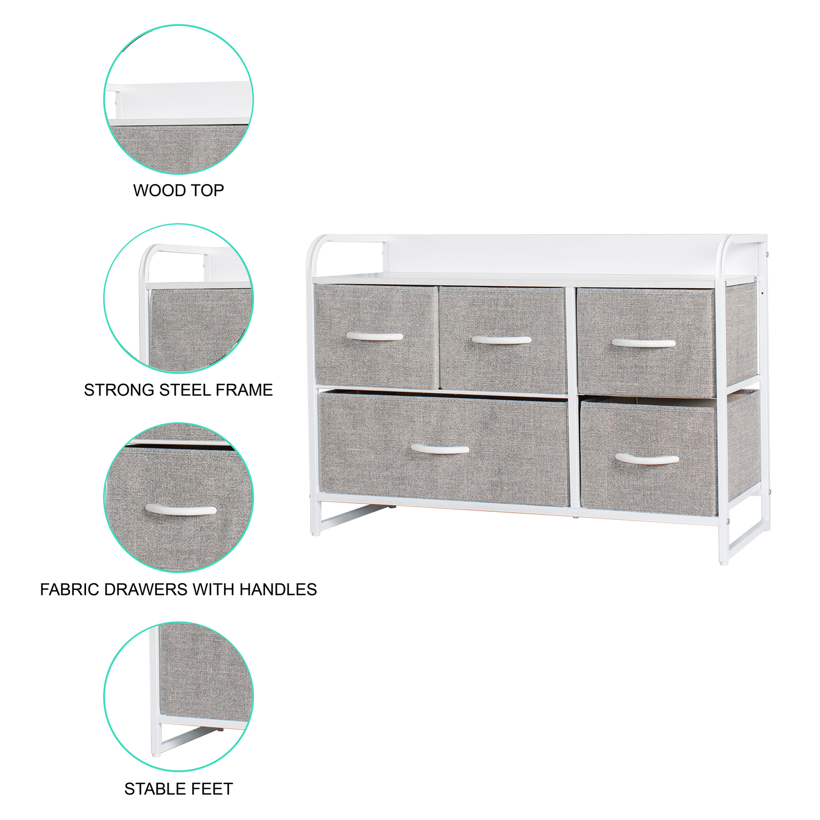 Buy Ovela 5 Drawer Storage Chest -Light Grey & White at Mighty Ape NZ