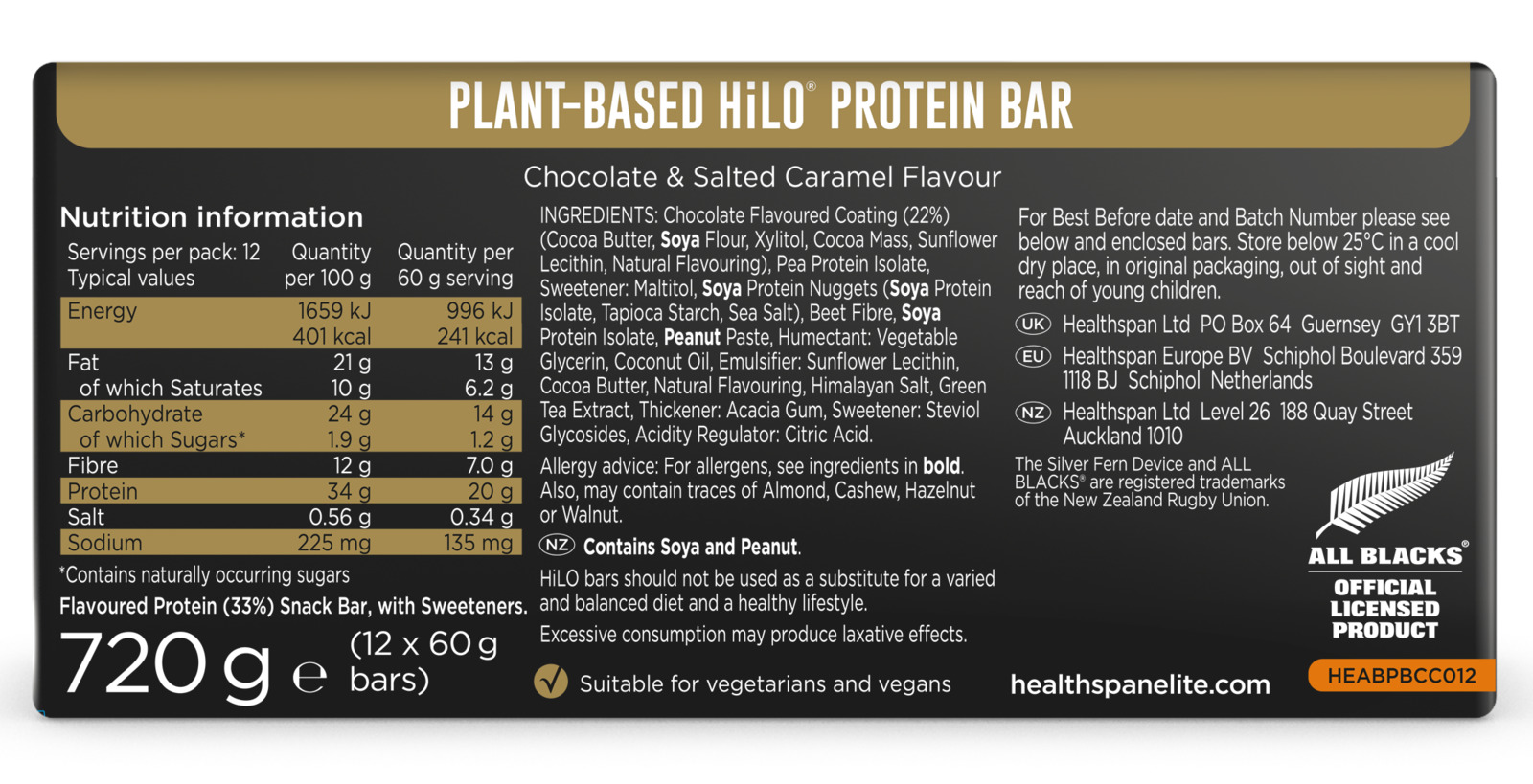 Buy Healthspan: All Blacks Plant Based HiLo Bars - Chocolate & Salted ...