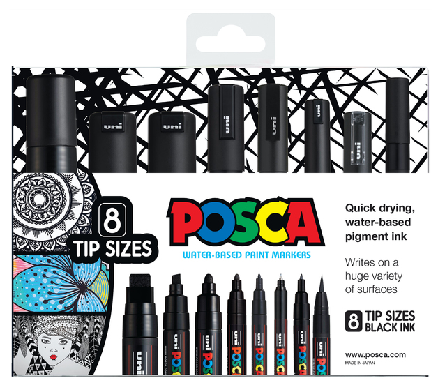 Buy Uni Posca Marker Black Set Tip Sizes (8 Piece Set) at Mighty Ape NZ