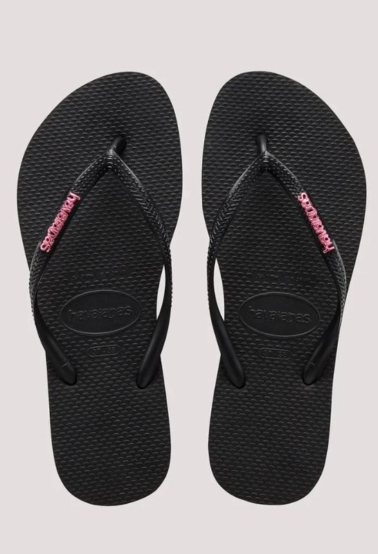 Havaianas: Slim Logo Metallic 1094 Jandal - Black/Pink (Size: 39/40 ...