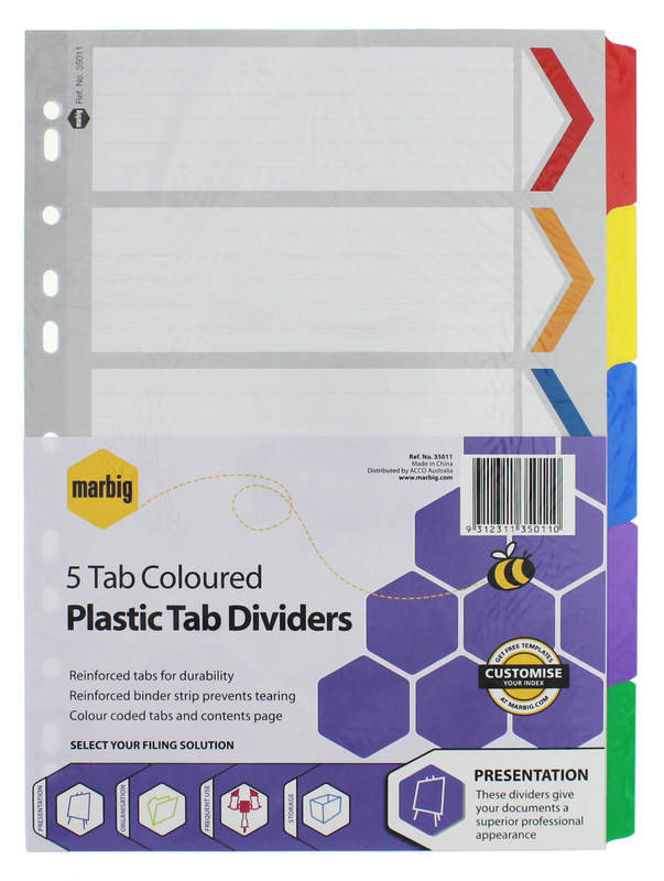 Buy Marbig A4 Board 5 Tab Reinforced Dividers - Coloured at Mighty Ape NZ
