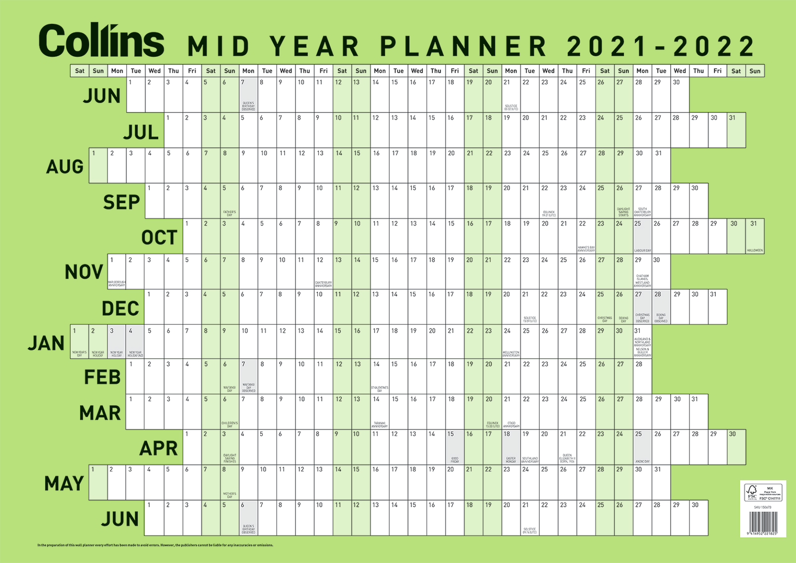 Buy Collins: Large Mid Year Wallplanner at Mighty Ape NZ