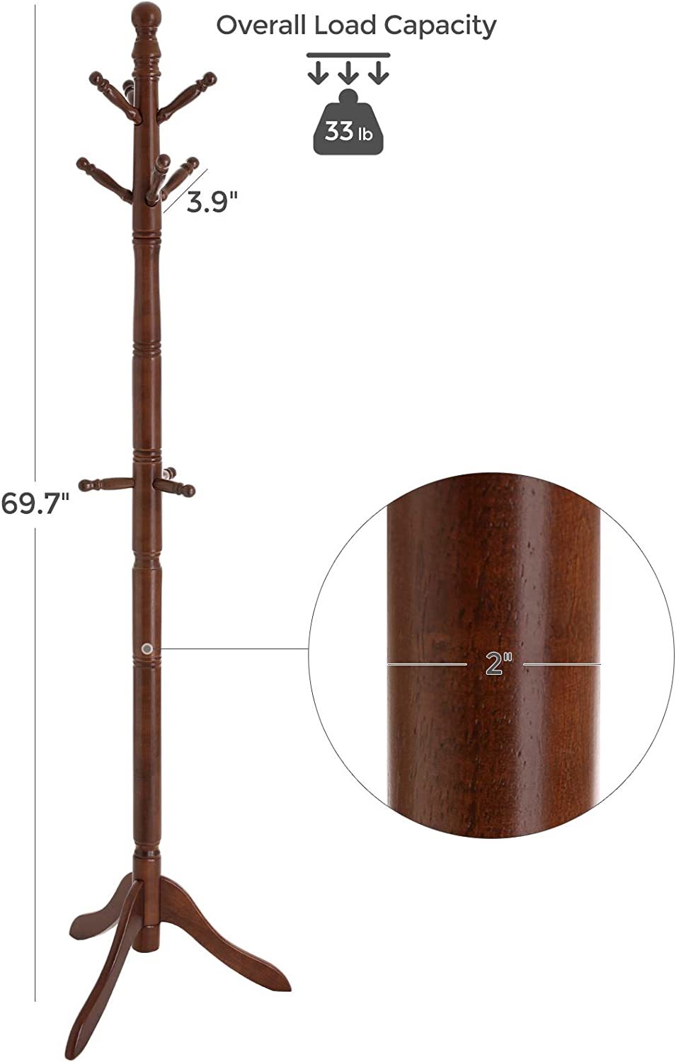 Buy Vasagle Customizable Solid Wood Coat Tree with 10 Hooks - Dark ...